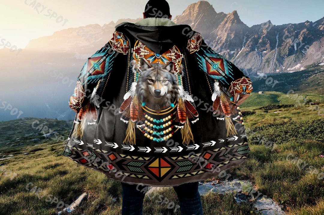 Native American Pattern Hooded Cloak, Vintage Wolf Festival Dream Cloak ...
