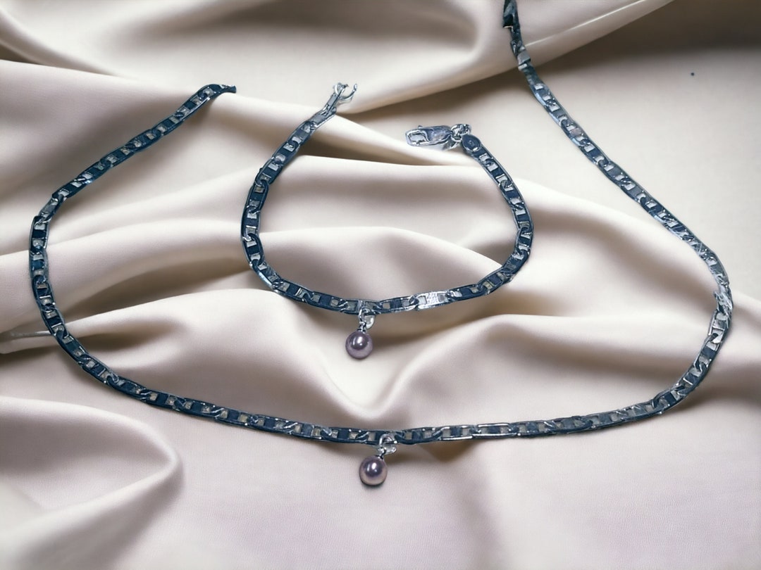 Italian Sterling Silver Mariner Linq Pearl Necklace and Bracelet Set ...