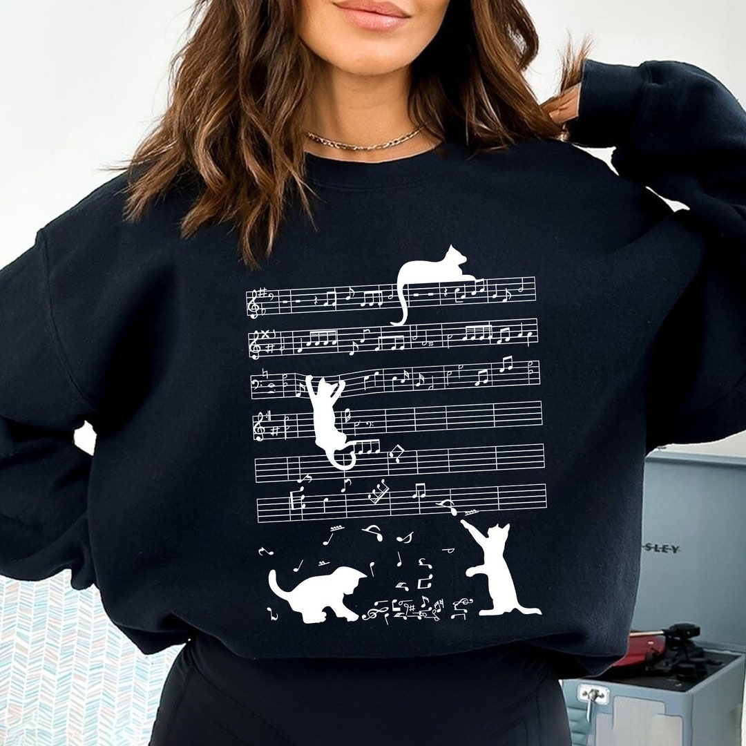 Cat and Music Notes Sweatshirt and Hoodie, Funny Musician Sweatshirt ...