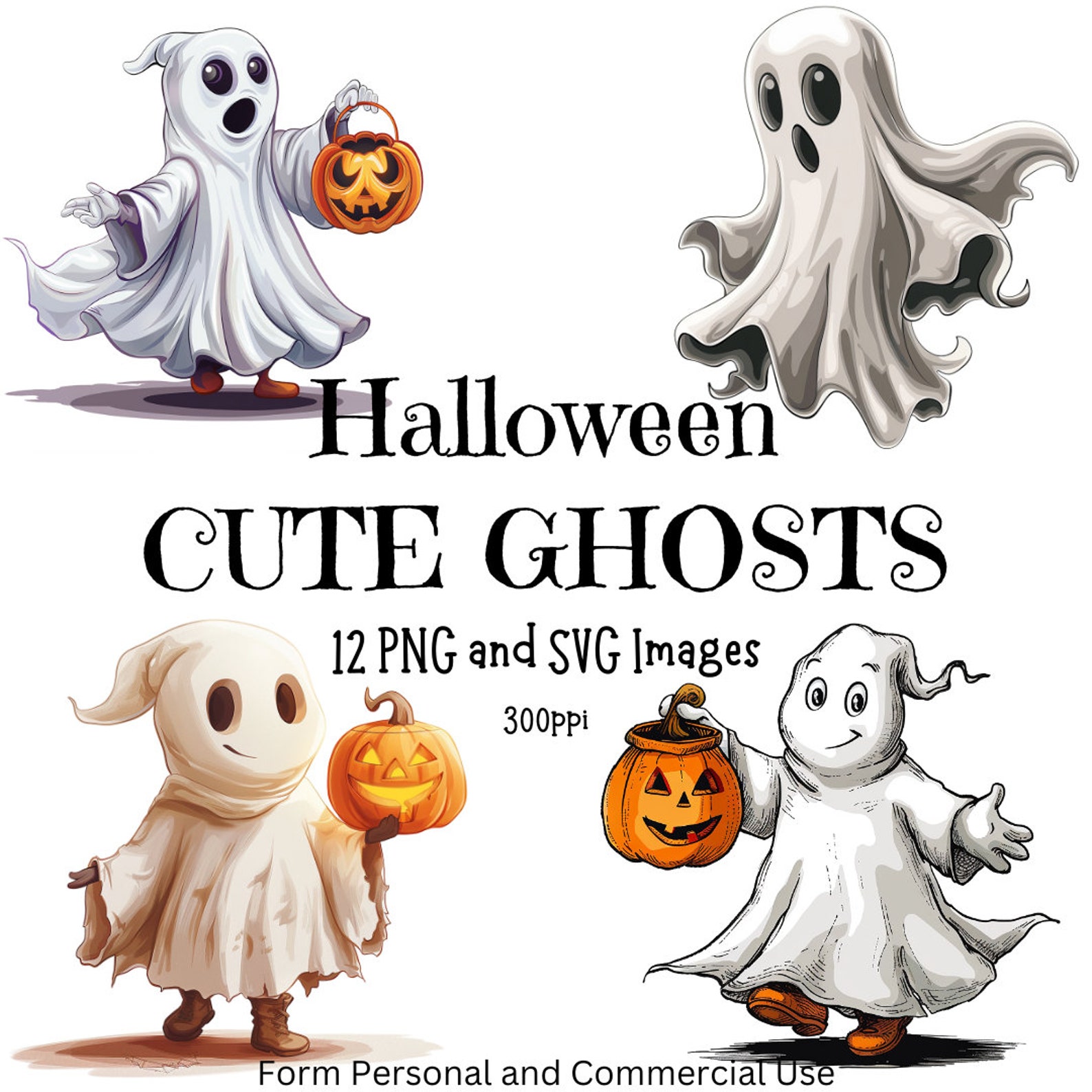 Cute Halloween Ghost Clipart Bundle - 12 Adorable Ghosty Designs ...