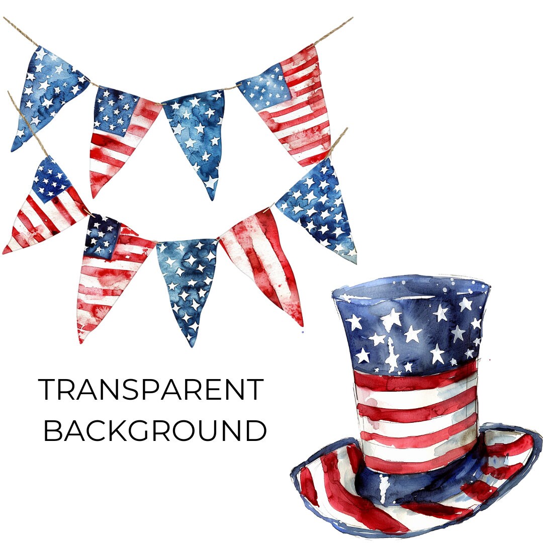 July 4th USA Patriotic Clipart Bundle Watercolor Flags, Hearts ...