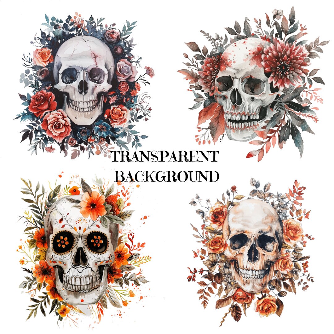 Floral Skulls Halloween Clipart Bundle, Skull Tshirt, 15 PNG, SVG ...