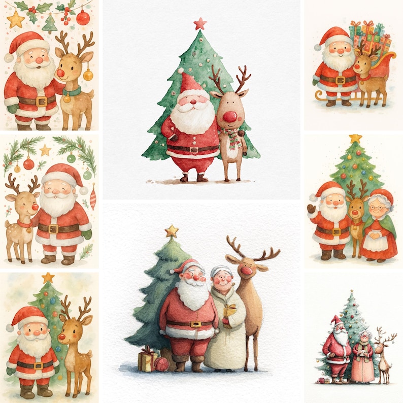 Santa, Mrs. Claus & Rudolph Clipart Bundle: Watercolor Christmas ...