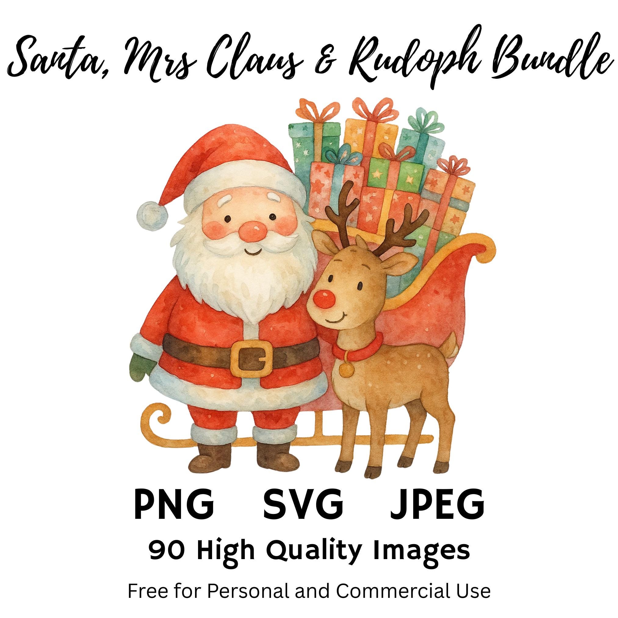 Santa, Mrs. Claus & Rudolph Clipart Bundle: Watercolor Christmas ...