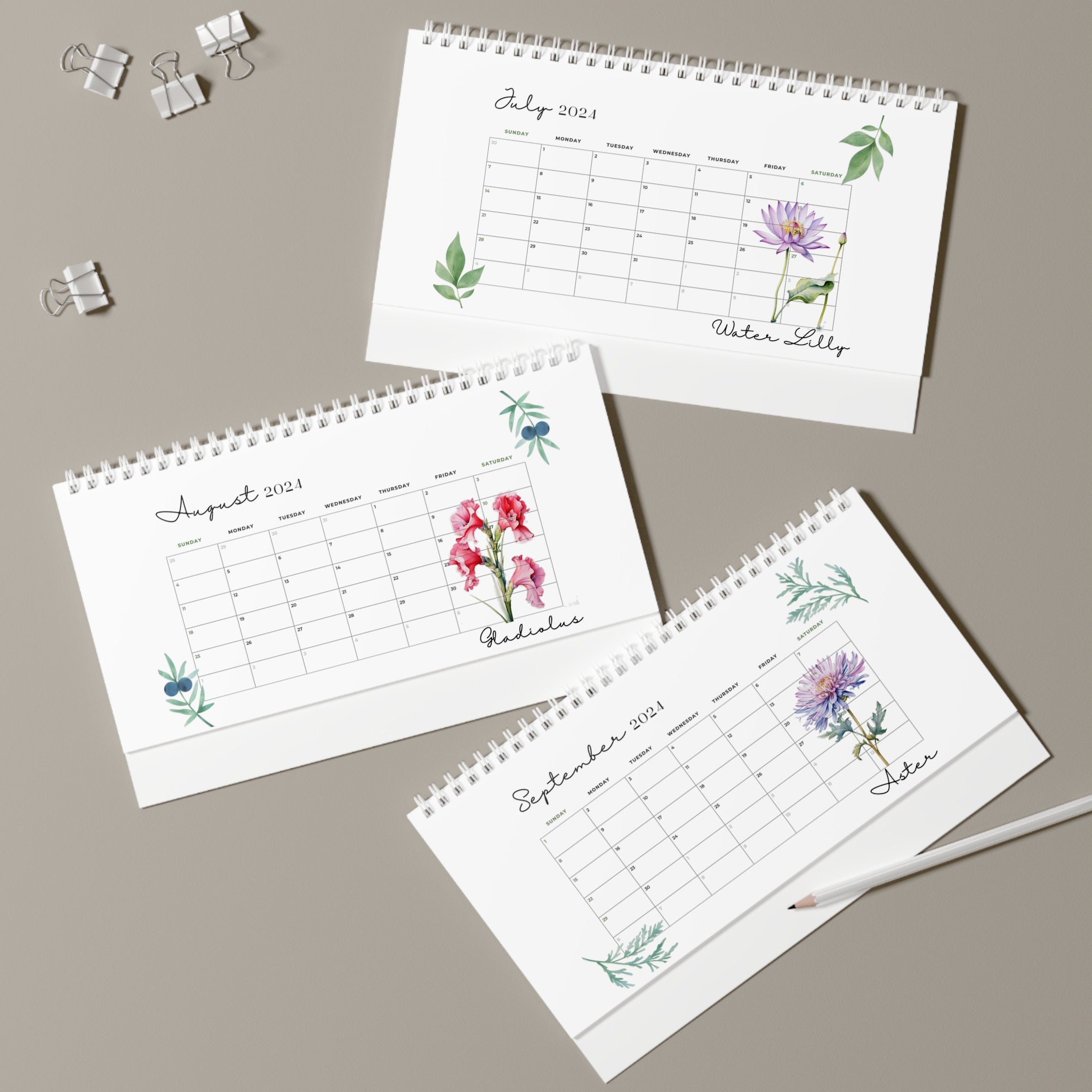 Printable Birth Flower Month Calendar 2024 Desk Calendar 2024 Landscape ...