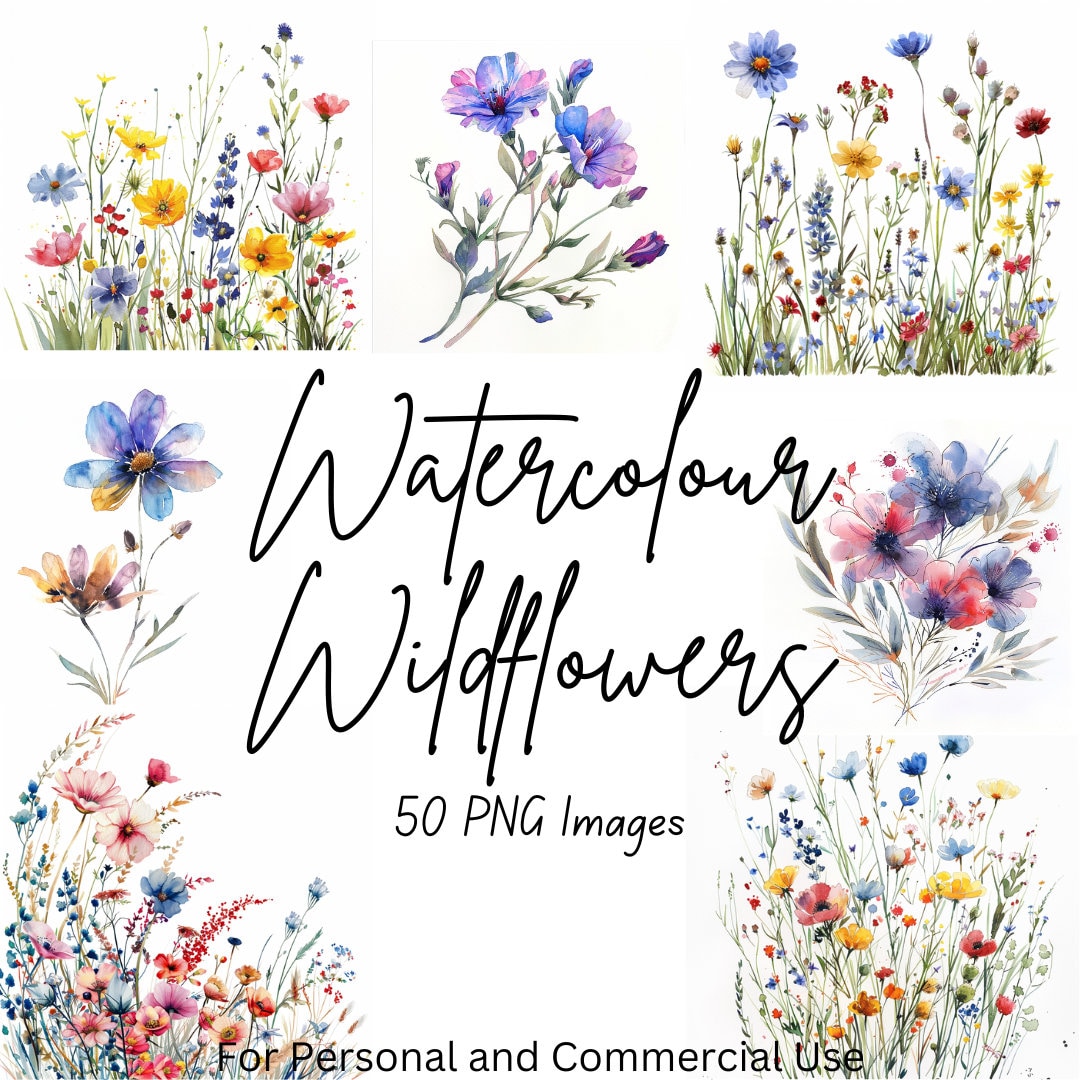 50 Wildflower Clipart Bundle, Watercolor Wildflowers, Boho Flowers ...