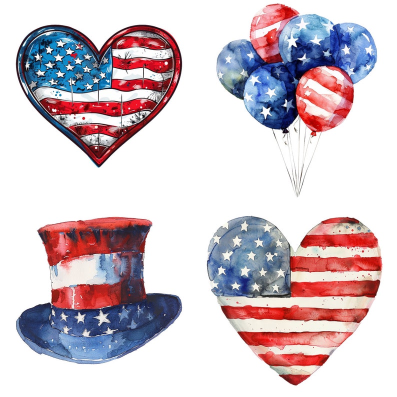 July 4th USA Patriotic Clipart Bundle Watercolor Flags, Hearts ...
