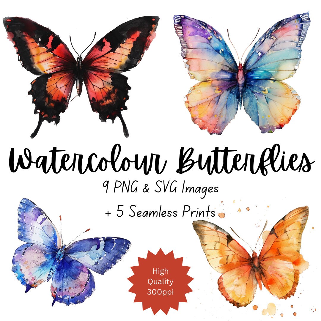 Watercolor Butterfly Clipart: PNG & SVG Seamless Prints (digital ...