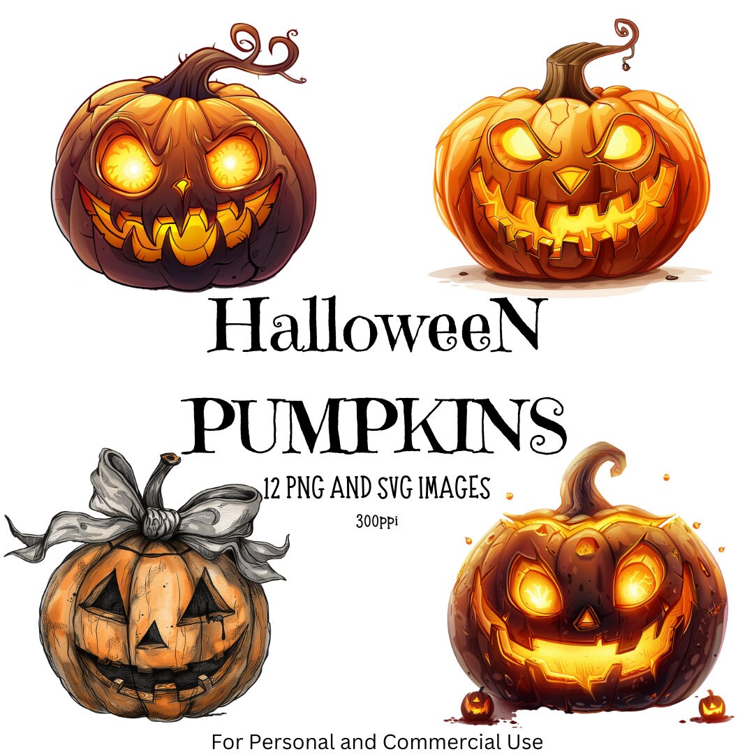 Creepy Halloween Pumpkins Clipart Bundle: 12 PNG and SVG Images, Spooky ...
