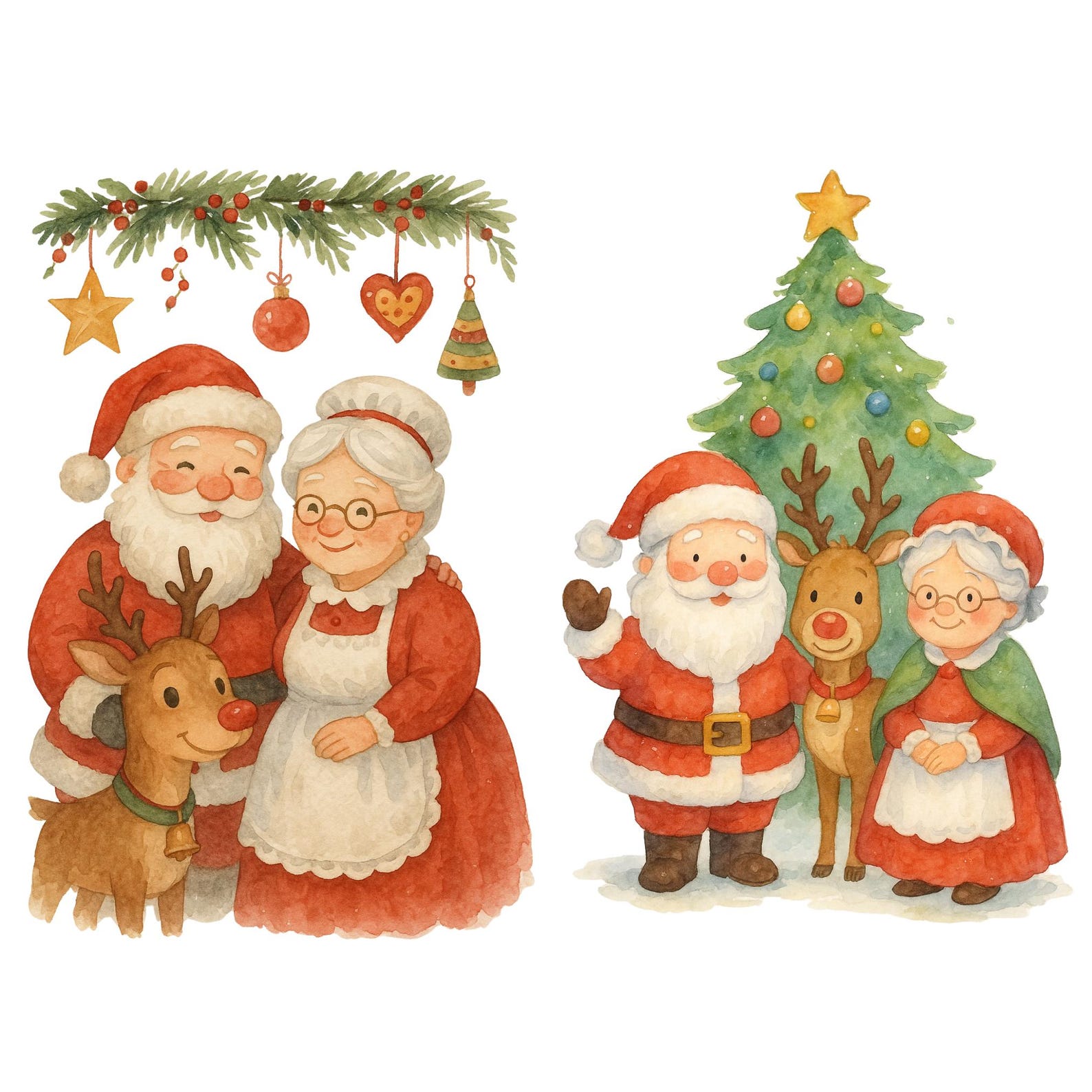Santa, Mrs. Claus & Rudolph Clipart Bundle: Watercolor Christmas ...