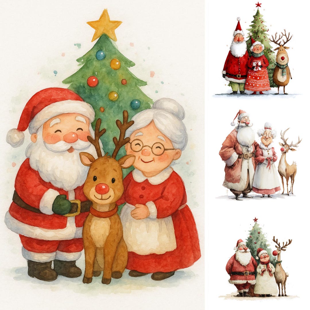 Santa, Mrs. Claus & Rudolph Clipart Bundle: Watercolor Christmas ...