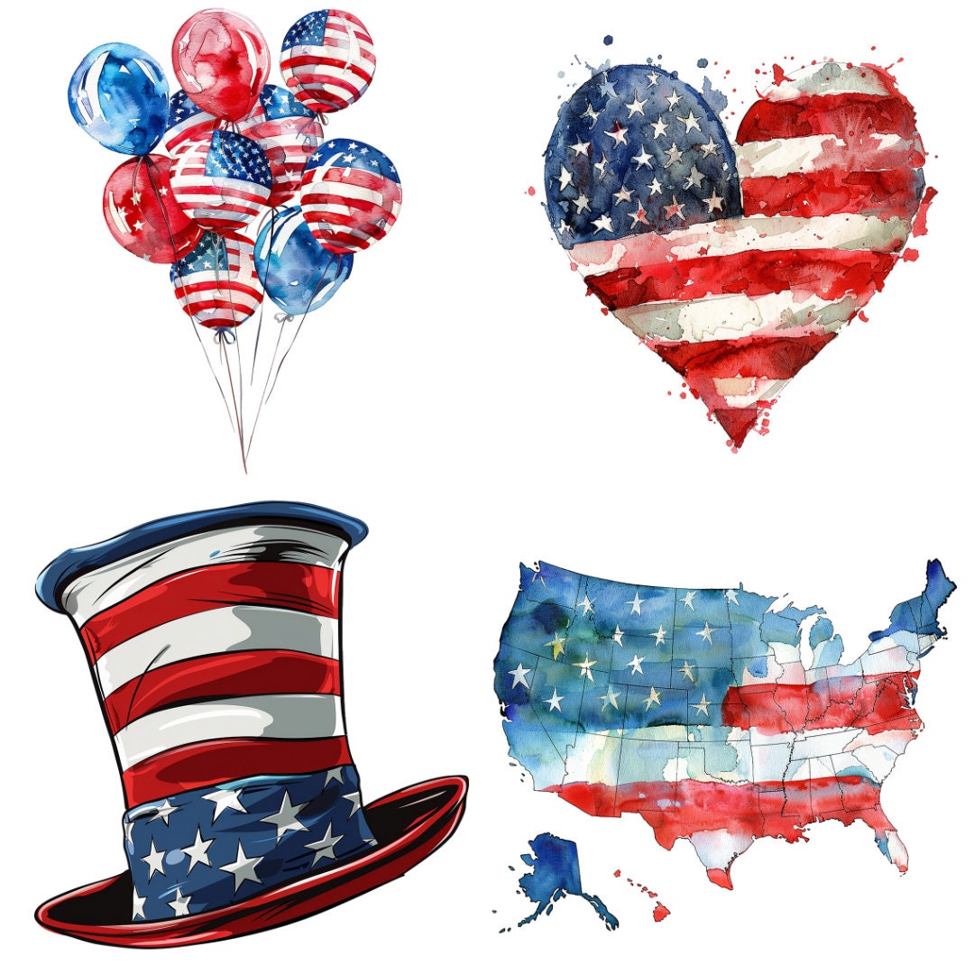 July 4th USA Patriotic Clipart Bundle Watercolor Flags, Hearts ...