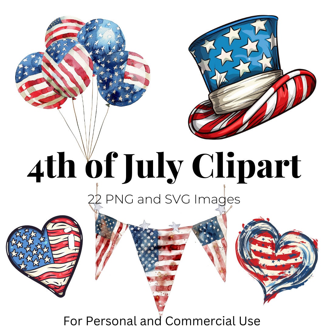 July 4th USA Patriotic Clipart Bundle - Watercolor Flags, Hearts ...