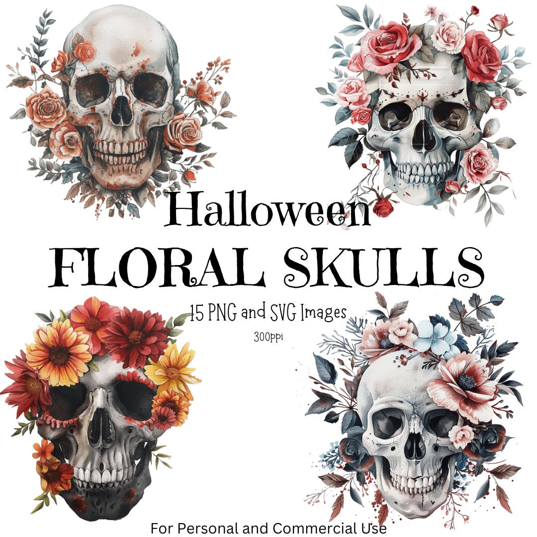 Floral Skulls Halloween Clipart Bundle, Skull Tshirt, 15 PNG, SVG ...