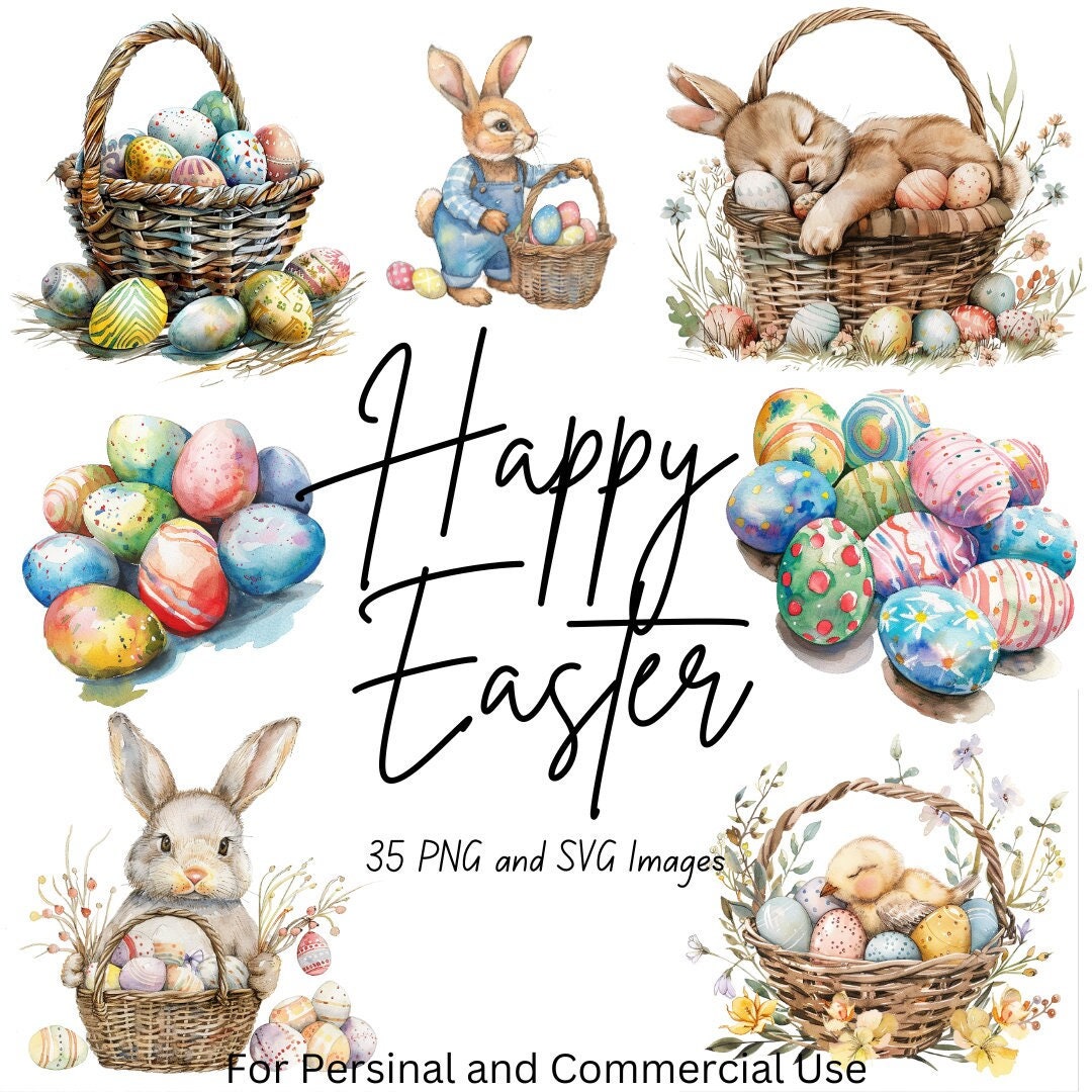 Happy Easter Chick and Bunny Clipart Bundle | Watercolor Graphics of ...