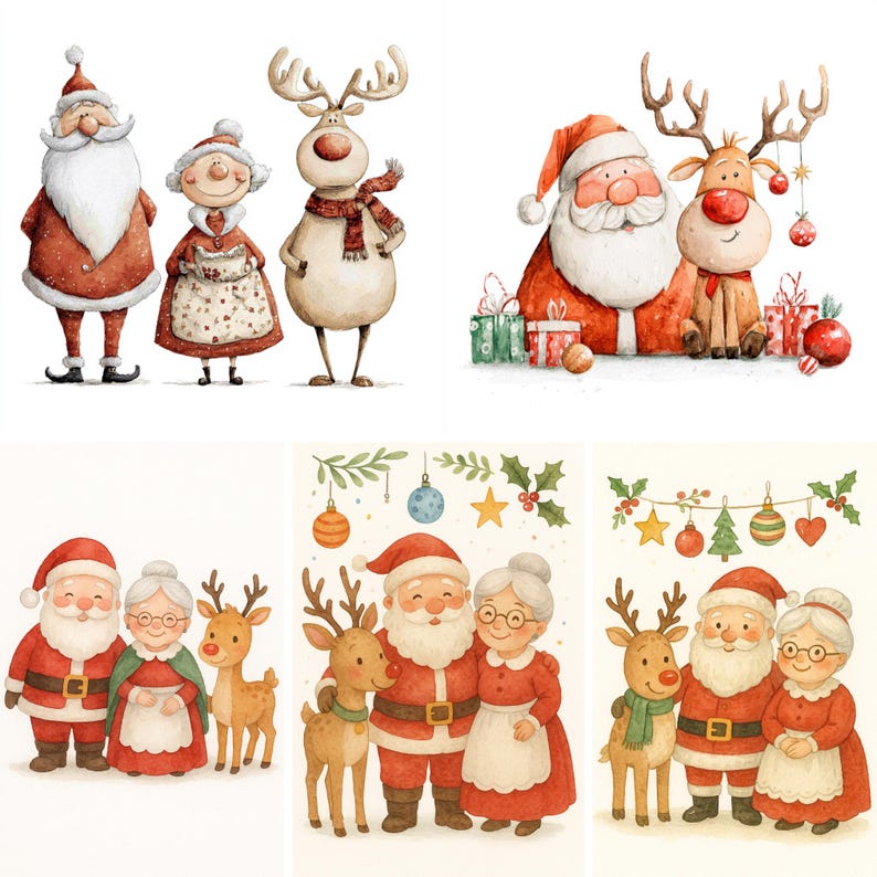 Santa, Mrs. Claus & Rudolph Clipart Bundle: Watercolor Christmas ...