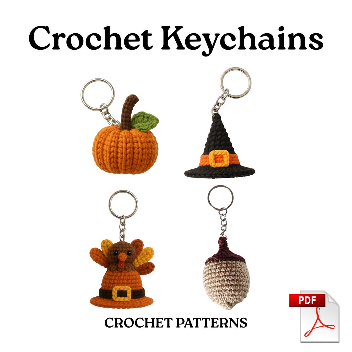 Fall Crochet Keychain Pattern PDF: Pumpkin, Witch Hat, Thanksgiving ...