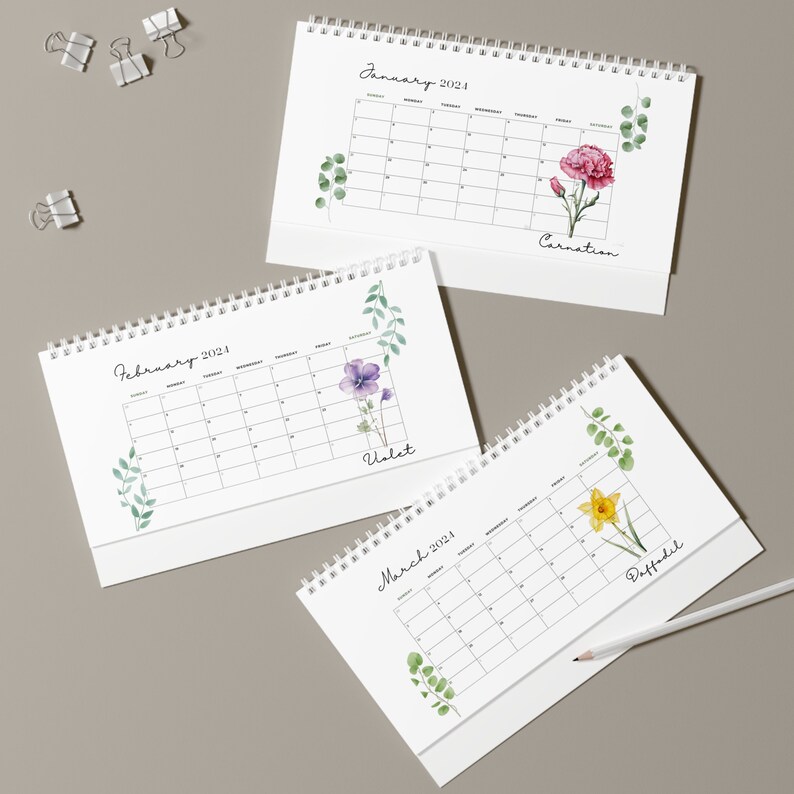 Printable Birth Flower Month Calendar 2024 Desk Calendar 2024 Landscape ...