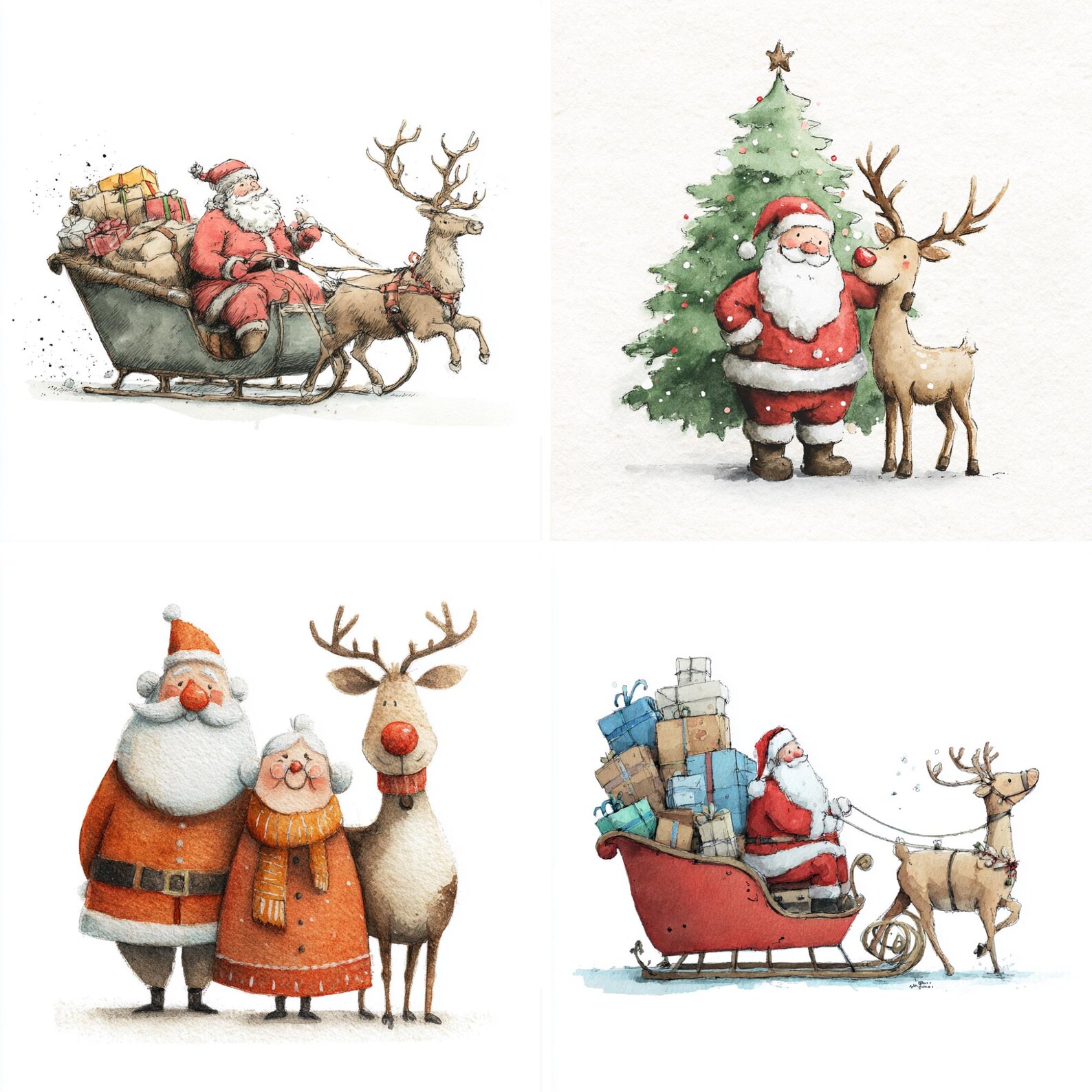 Santa, Mrs. Claus & Rudolph Clipart Bundle: Watercolor Christmas ...