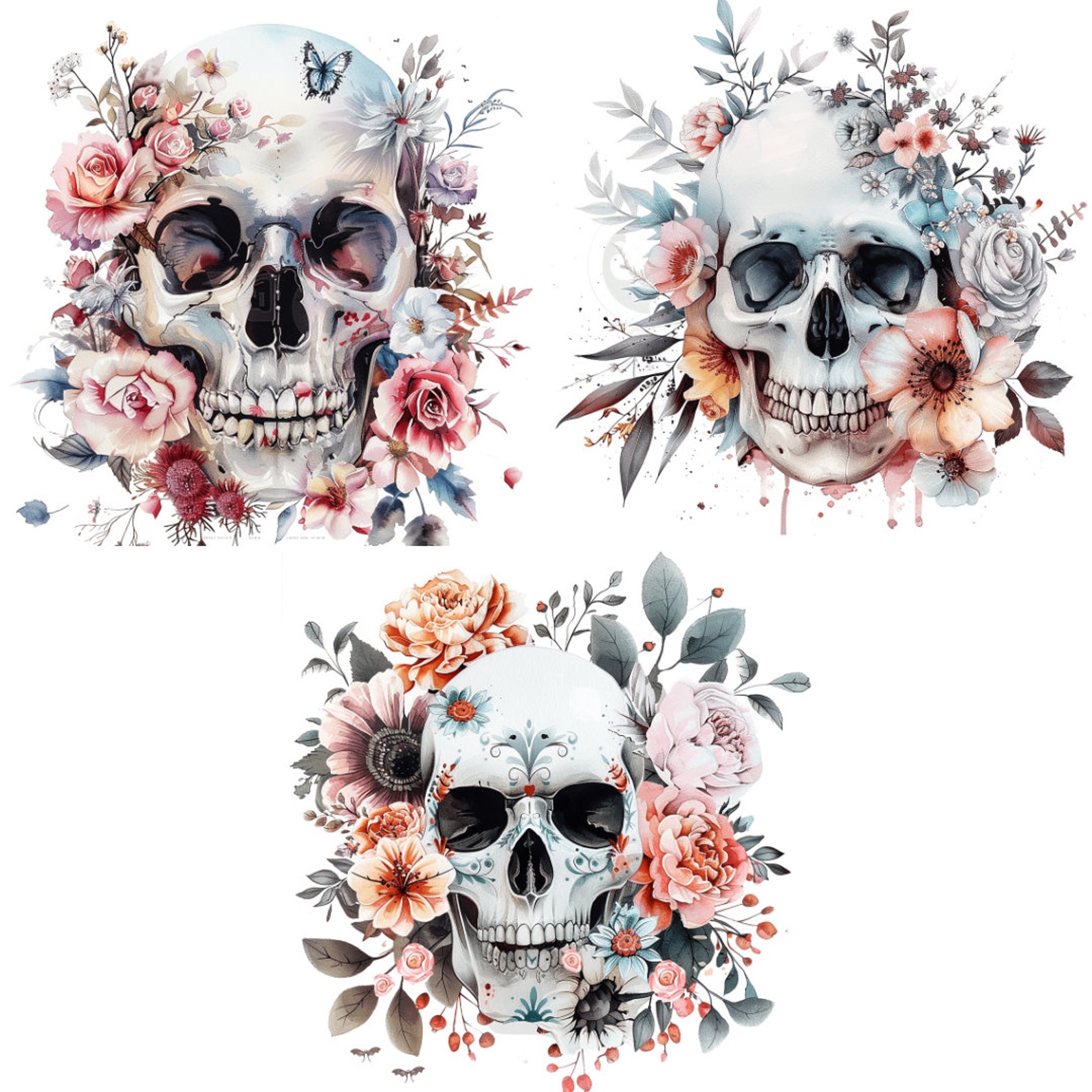 Floral Skulls Halloween Clipart Bundle, Skull Tshirt, 15 PNG, SVG ...