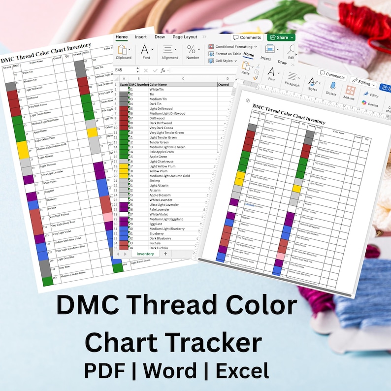 DMC Thread Color Chart Tracker: 504 Colors - PDF, Word, Excel (digital ...