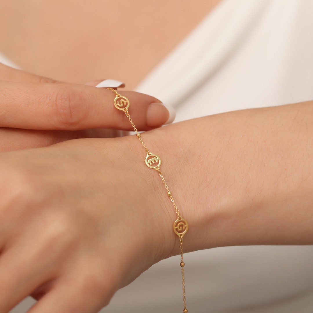 14K Gold Plated Three Letter Women's Bracelet, Multi Initial Bracelet ...