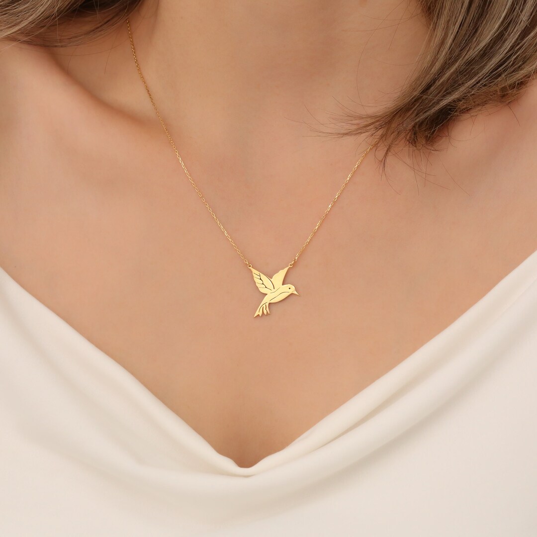 14K Gold Plated Silver Hummingbird Necklace: Dainty Bird Choker - Etsy