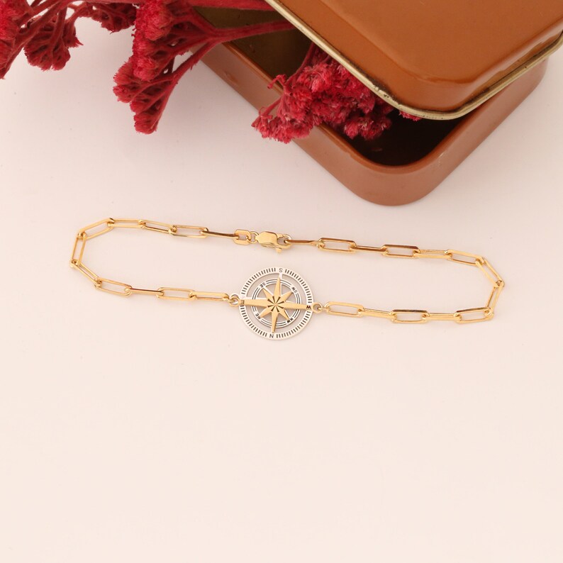 14K Gold Plated Compass Bracelet: North Star Paperclip Chain Bangle - Etsy