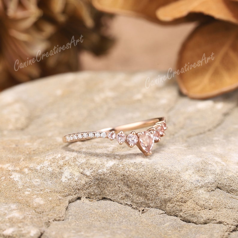 Peach Pink Morganite Ring Moissanite Wedding Bands Women Rose Gold ...