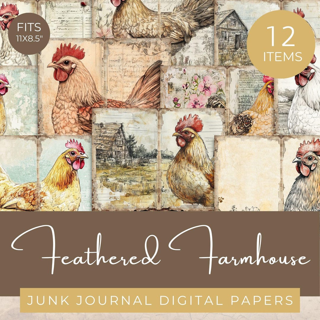Feathered Farmhouse Junk Journal Papers, Rustic Chicken Ephemera ...