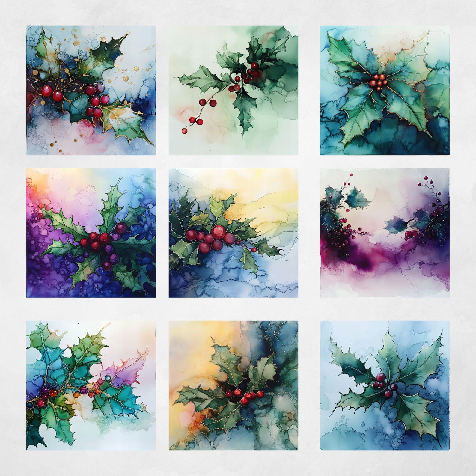 Christmas Holly Digital Paper, Alcohol Ink Wash Backgrounds, Festive ...