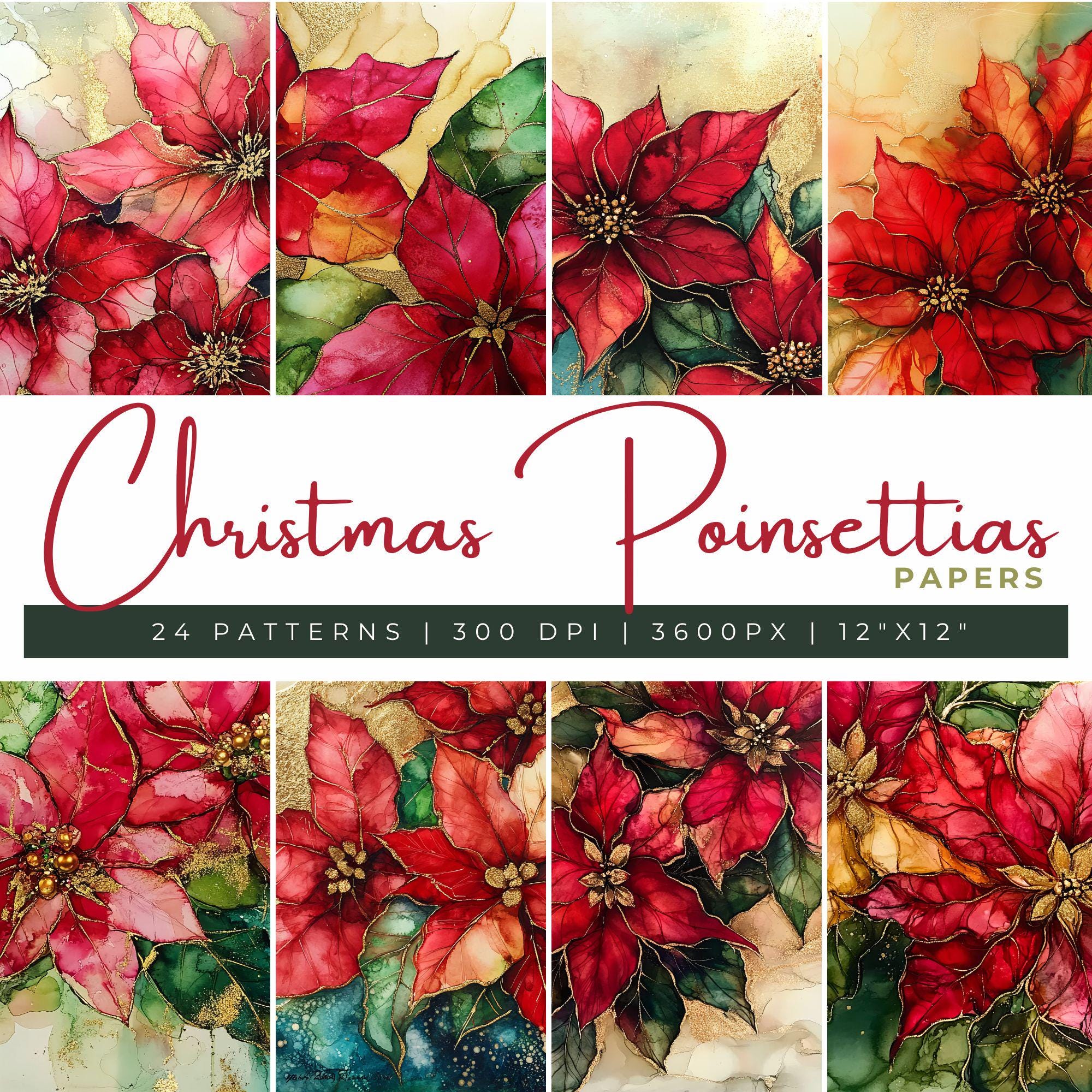 Christmas Poinsettias Digital Paper, Watercolour Poinsettias ...
