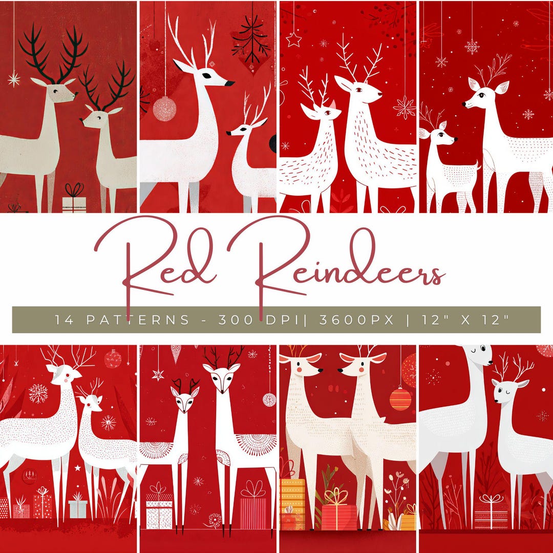 Red Reindeer Digital Paper, Christmas Backgrounds, Festive Holiday ...