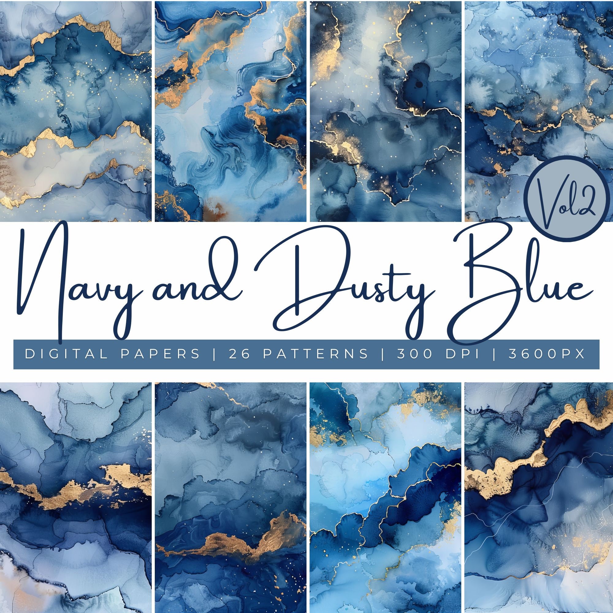Navy and Dusty Blue Digital Paper, Blue Watercolour Textures, Rose Gold ...