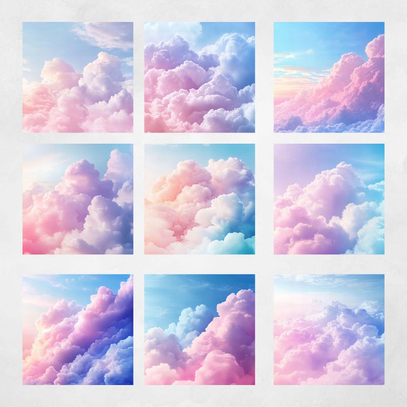 Pink and Blue Clouds Digital Papers, Soft Pastel Cloud Backgrounds ...