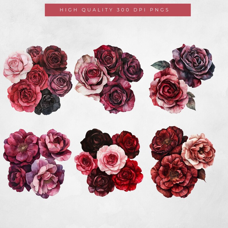 Vintage Roses Valentine's Day Clipart, Watercolor Deep Red Roses Art ...