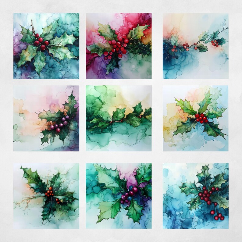 Christmas Holly Digital Paper, Alcohol Ink Wash Backgrounds, Festive ...