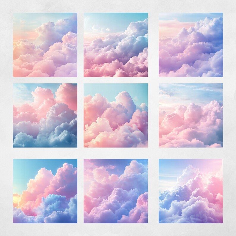 Pink and Blue Clouds Digital Papers, Soft Pastel Cloud Backgrounds ...