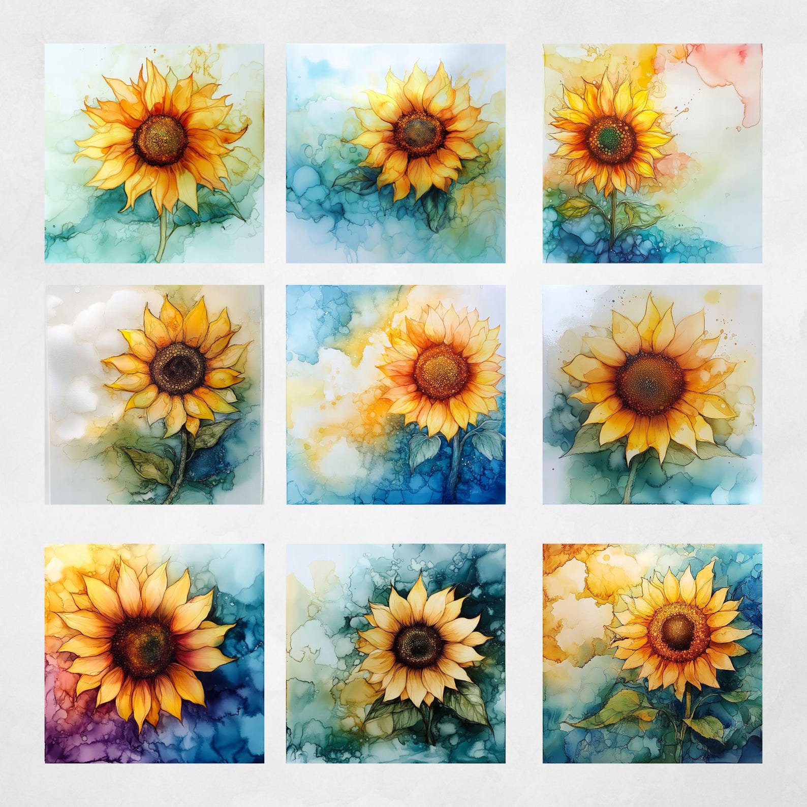 Sunflower Alcohol Ink Wash Digital Paper, Vibrant Floral Background ...
