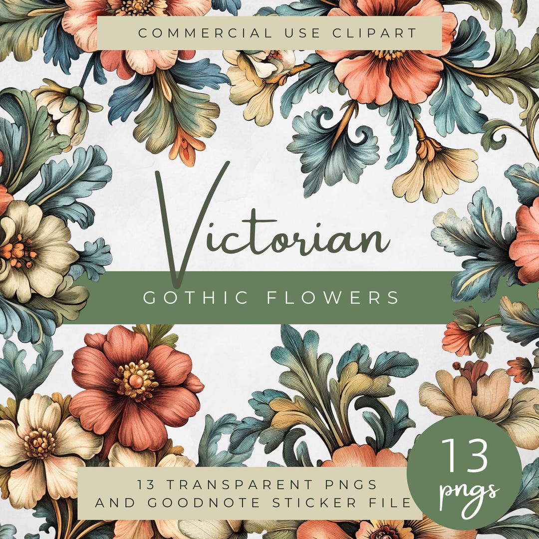 Victorian Gothic Flowers Clipart, Dark Floral PNG, Baroque Botanical ...