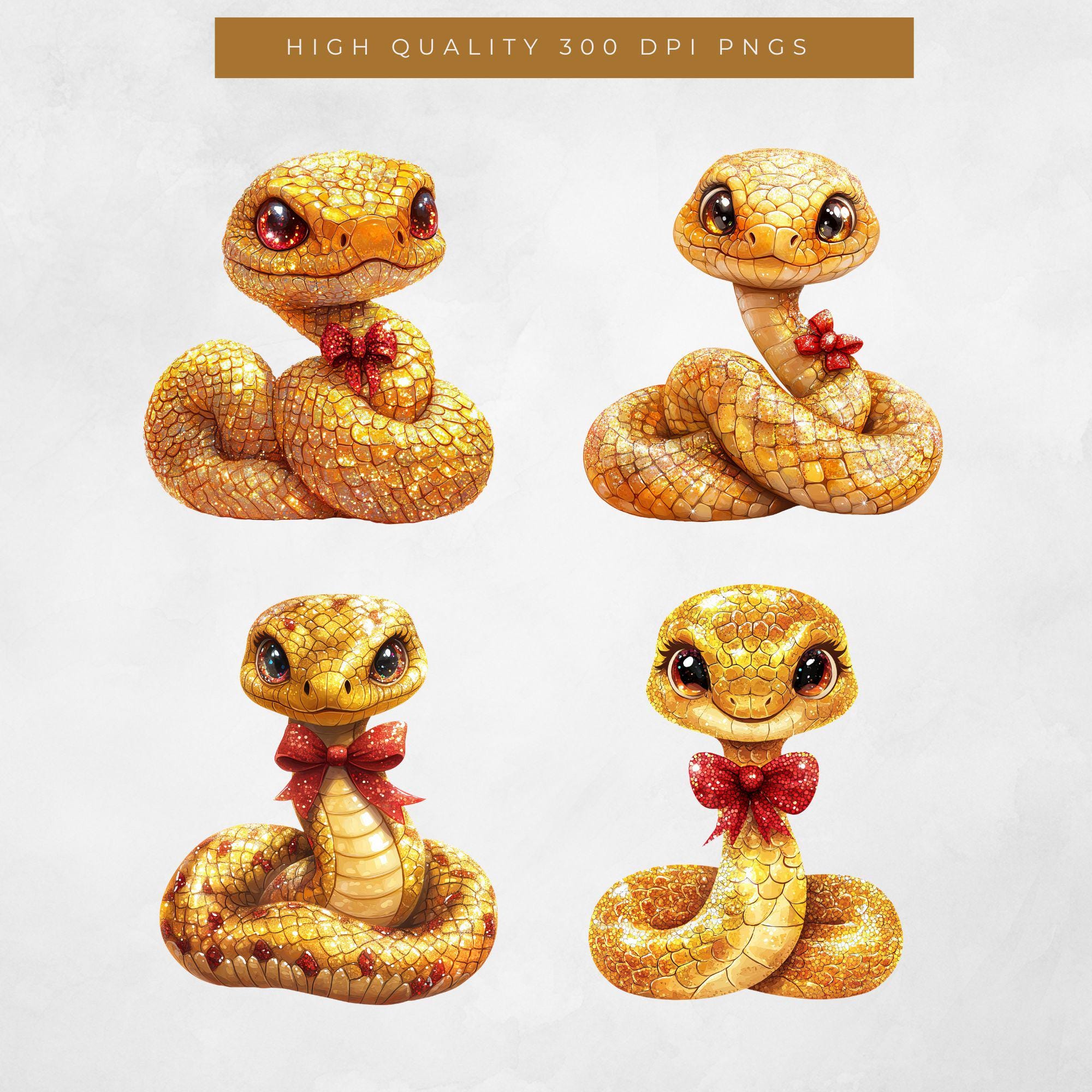 Year of the Snake Clipart, Cute Gold Snake Illustration, Yellow Glitter ...