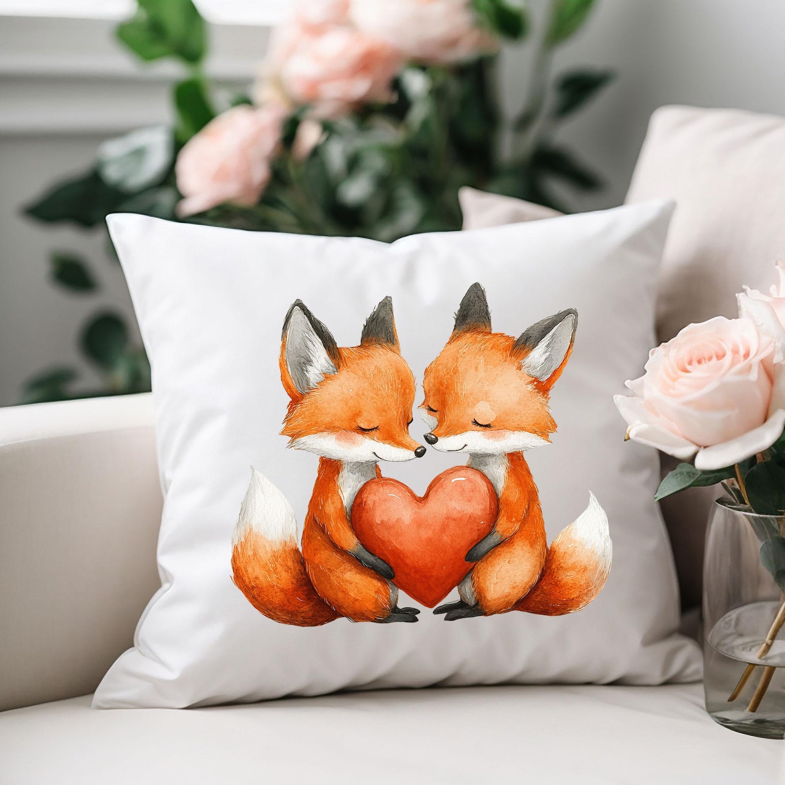 Foxes in Love Clipart, Cute Watercolor Foxes With Heart Graphic, Love ...