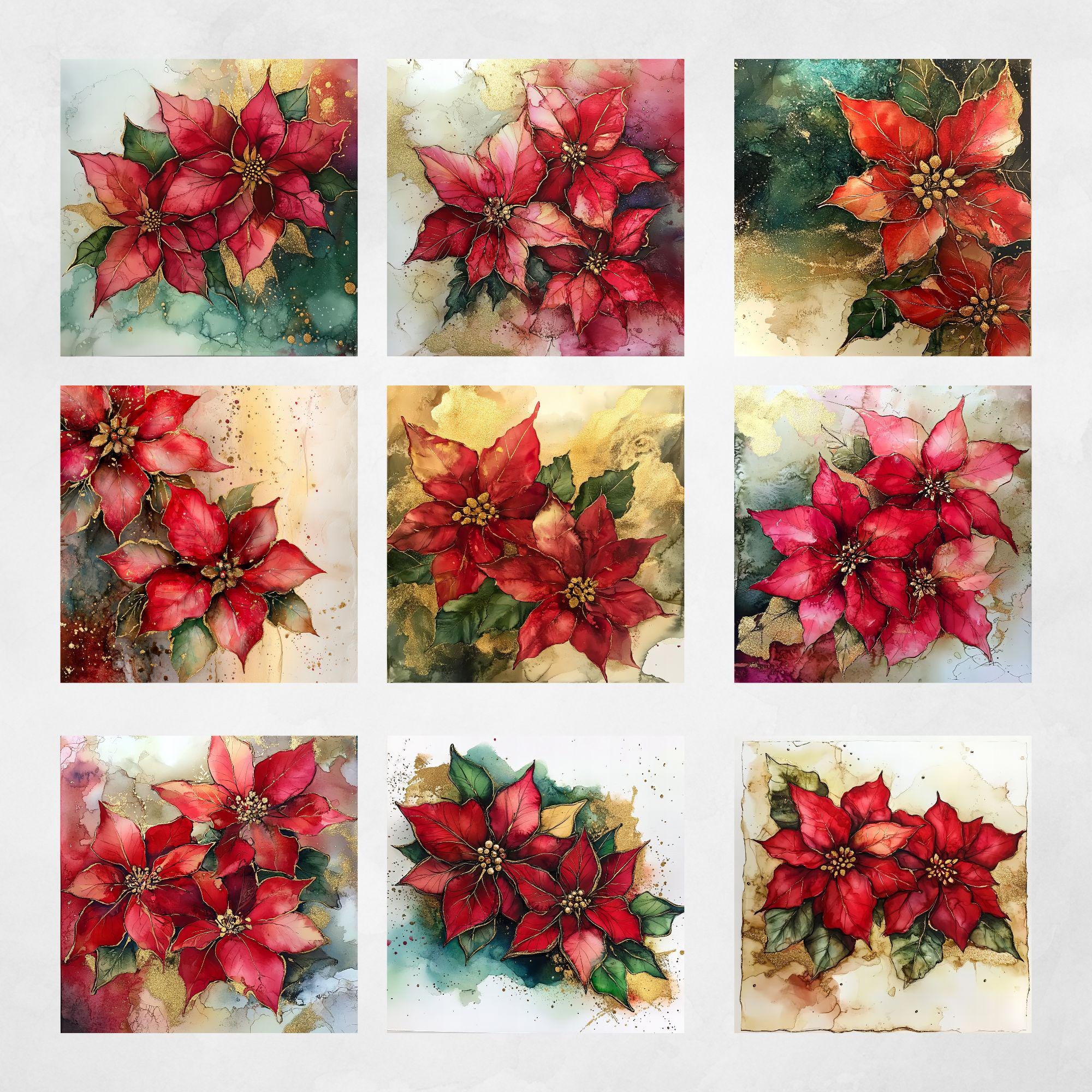 Christmas Poinsettias Digital Paper, Watercolour Poinsettias ...