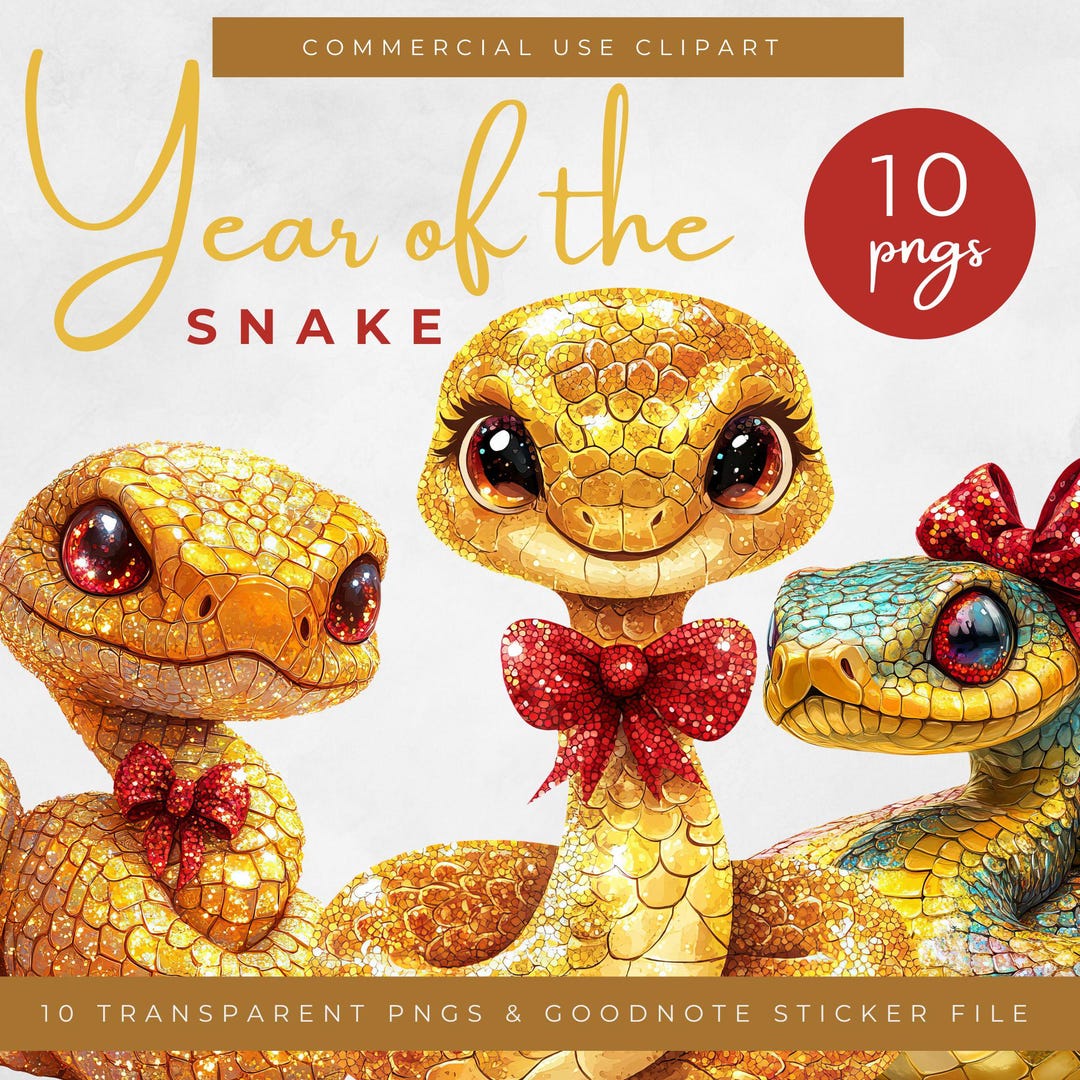 Year of the Snake Clipart, Cute Gold Snake Illustration, Yellow Glitter ...