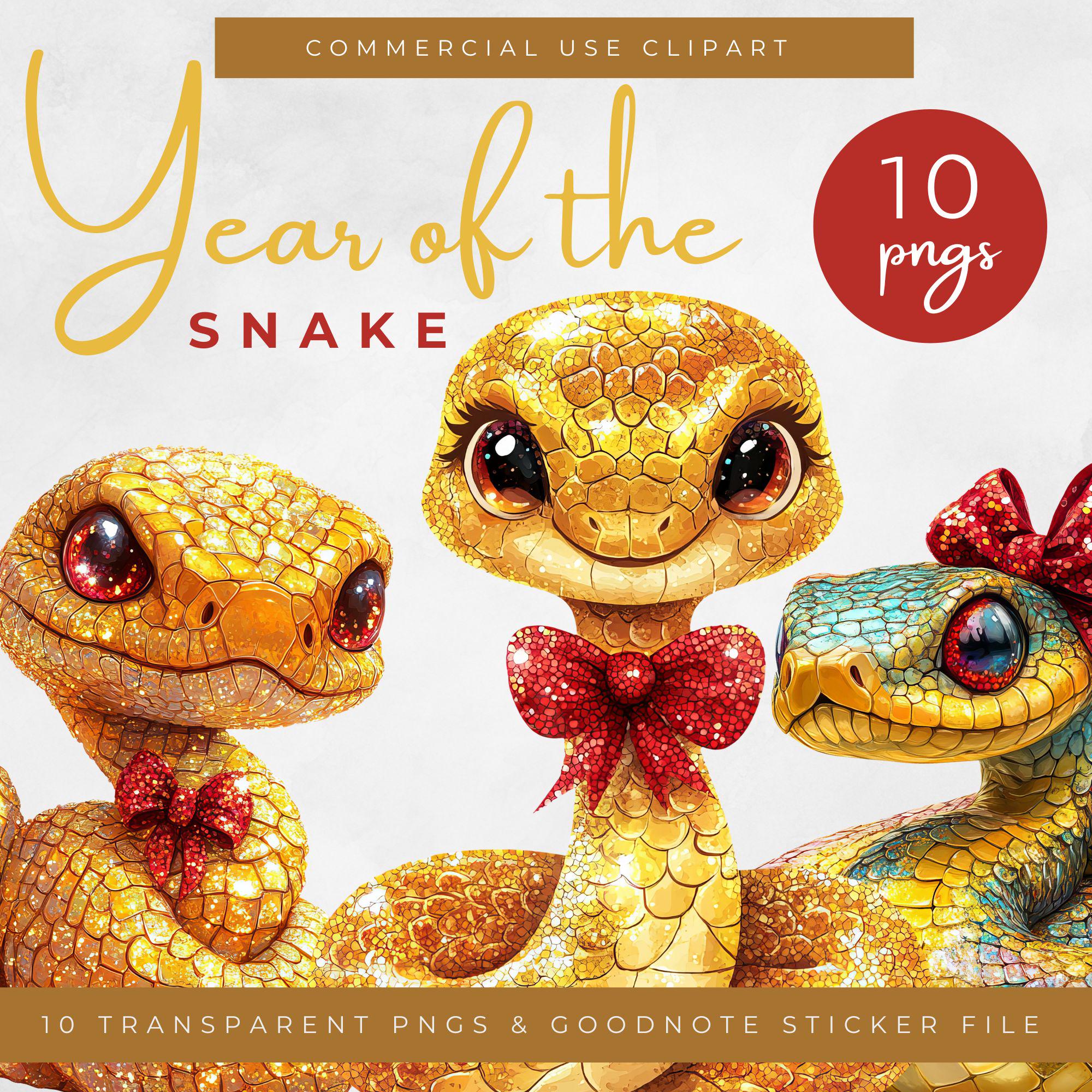 Year of the Snake Clipart, Cute Gold Snake Illustration, Yellow Glitter ...