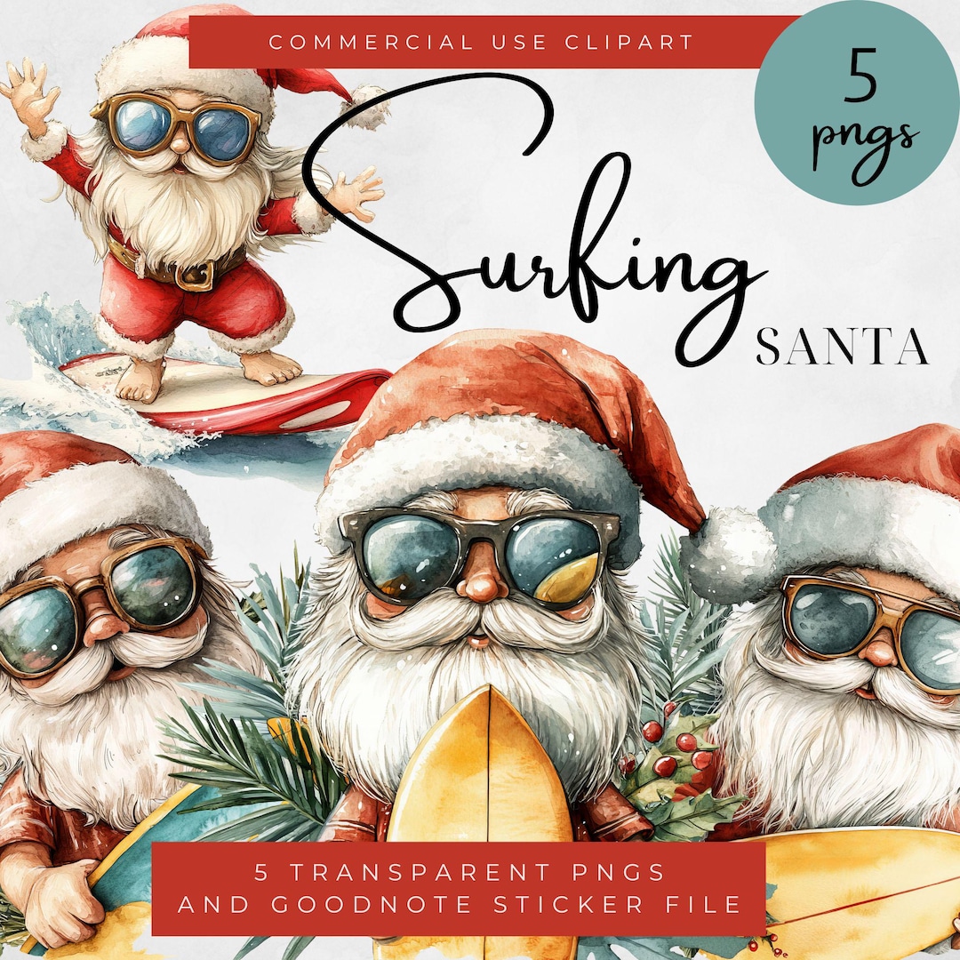 Aussie Surfing Santa Clipart, Beach Santa Illustrations, Hot Christmas Images, Summer Christmas ...