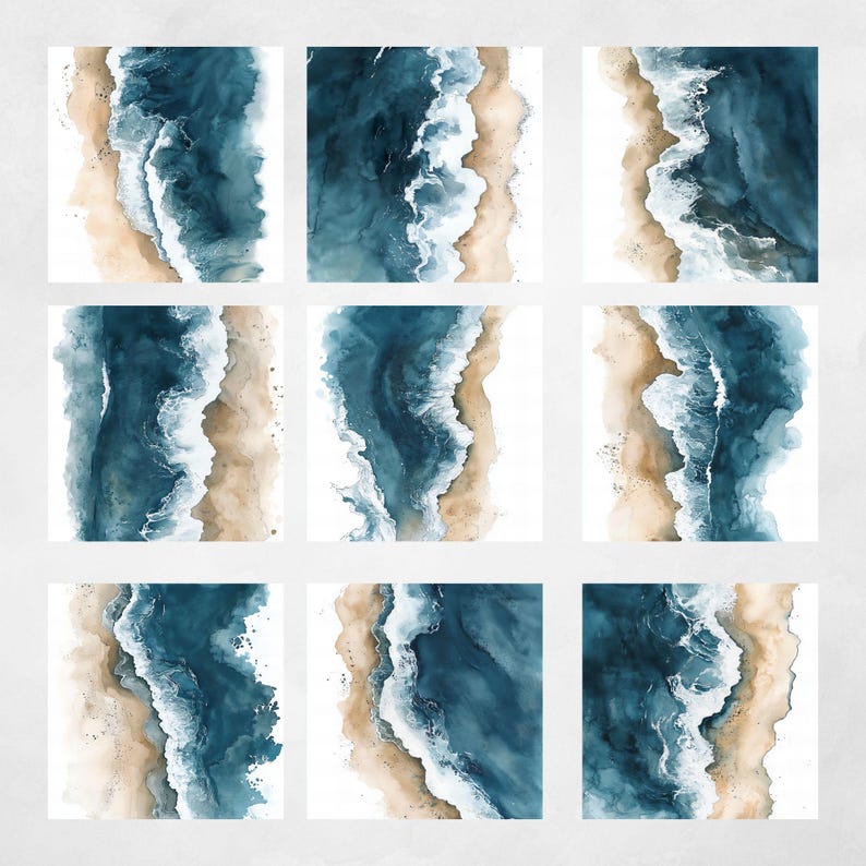 Beach With Collapsing Waves Digital Papers, Watercolor Waves & Sandy ...