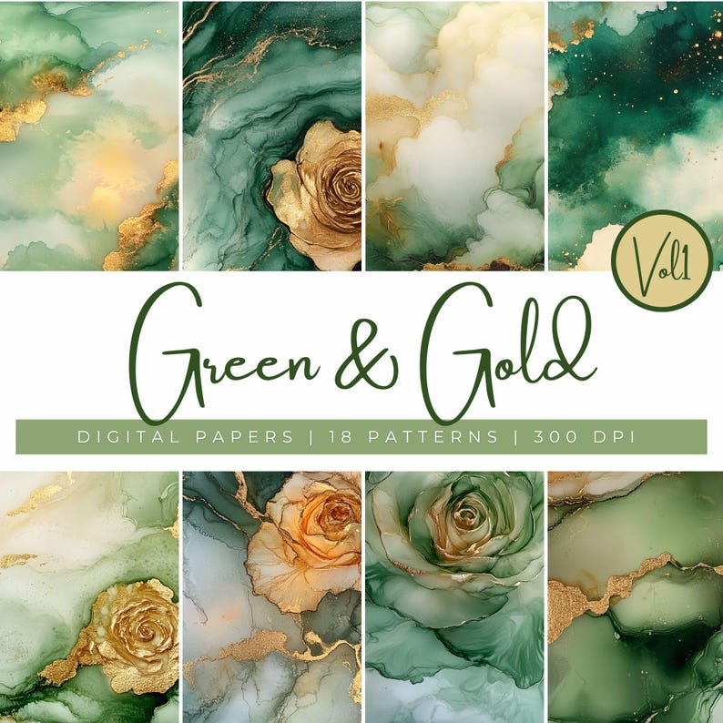 Green and Gold Floral Abstract Texture Clipart, Elegant Abstract ...