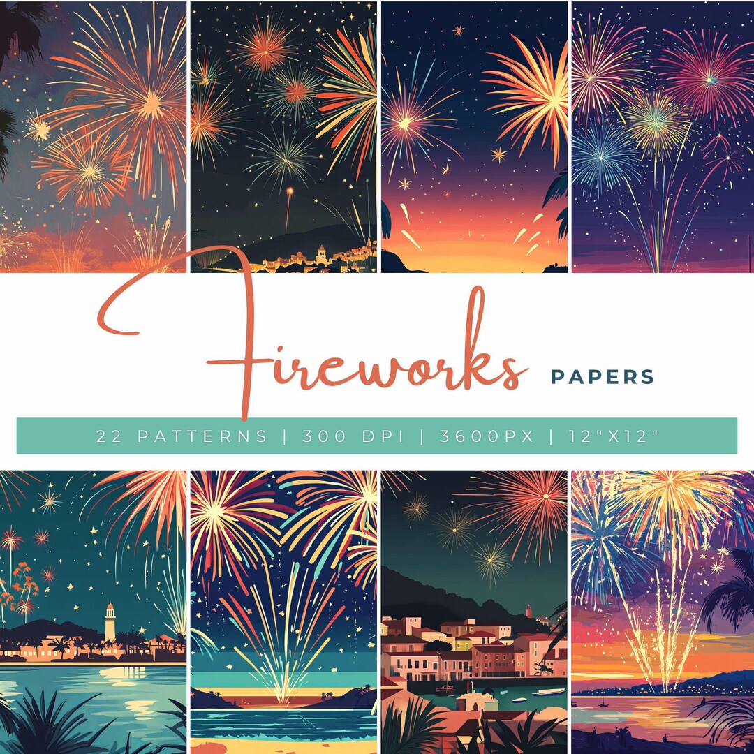 Vintage Fireworks Party in the Mediterranean Paper, Retro Celebration ...