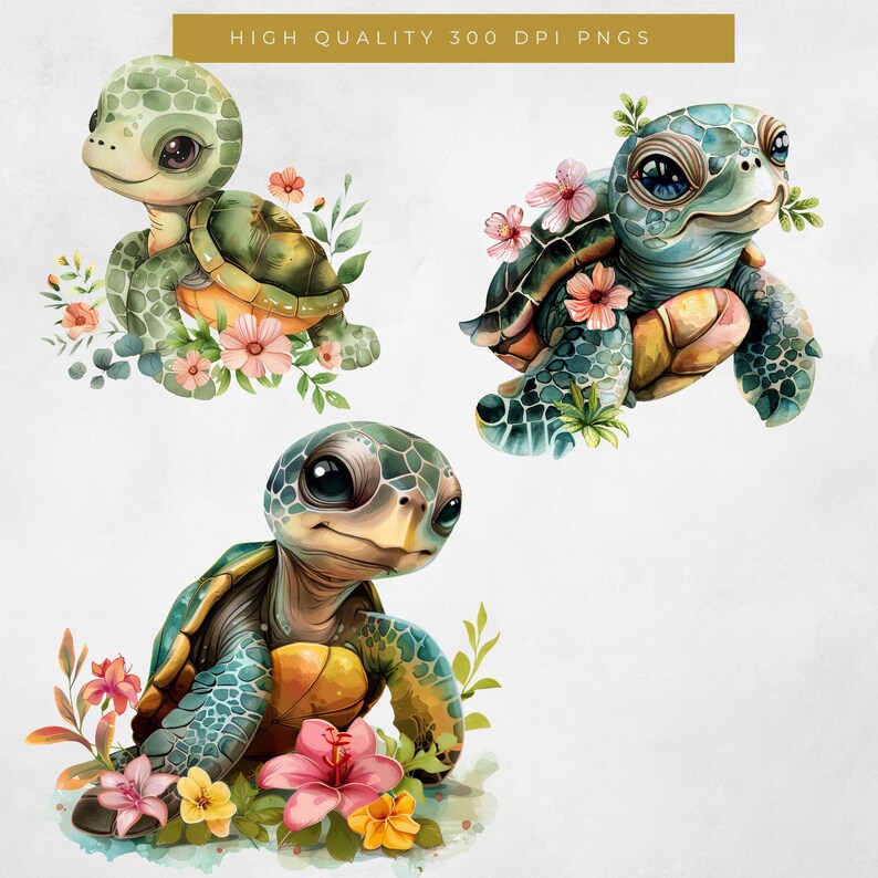 Baby Turtle With Flowers Clipart, Sea Turtles Art, Swimming Turtle Clip ...
